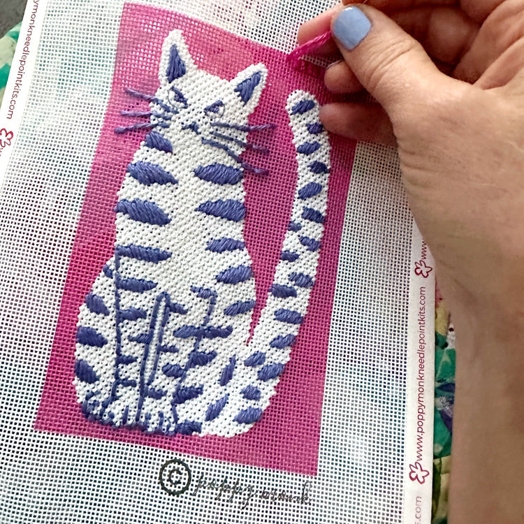 Whimsical Cat Needlepoint Kit | Modern Colors – Poppy Monk Needlepoint